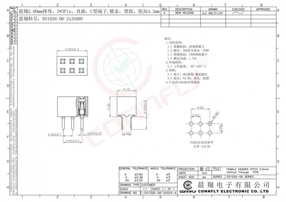 CONNFLY Elec DS1026-06-2x3S8BV technical drawing preview