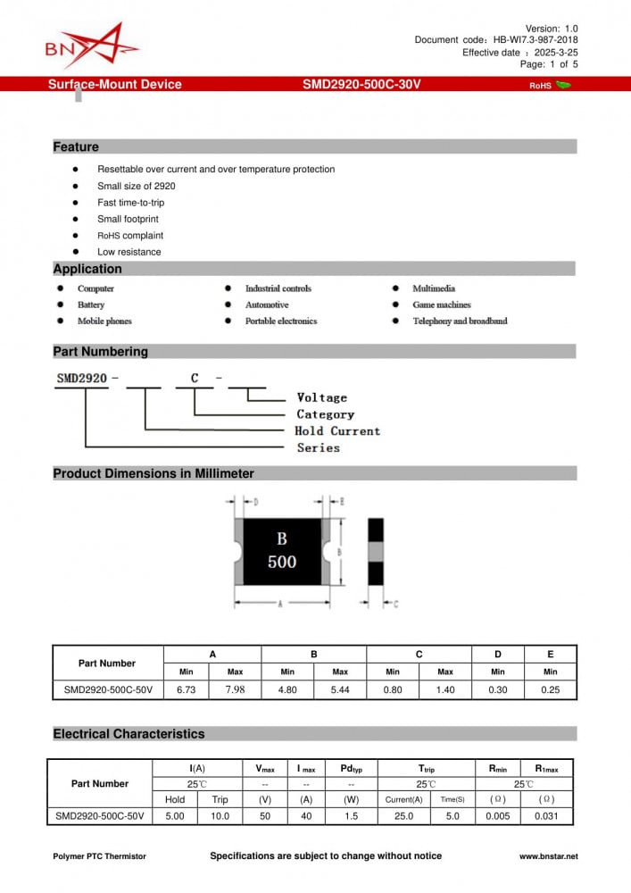 BNstar SMD2920-500C-30V datasheet page 1