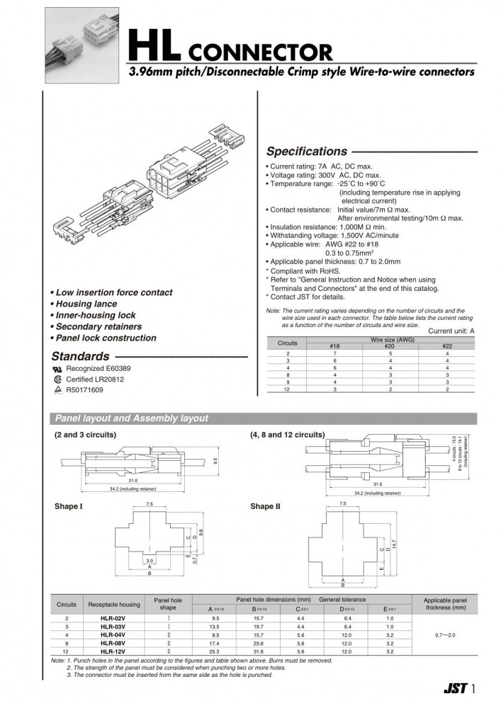 JST HL Series connector catalog page 1