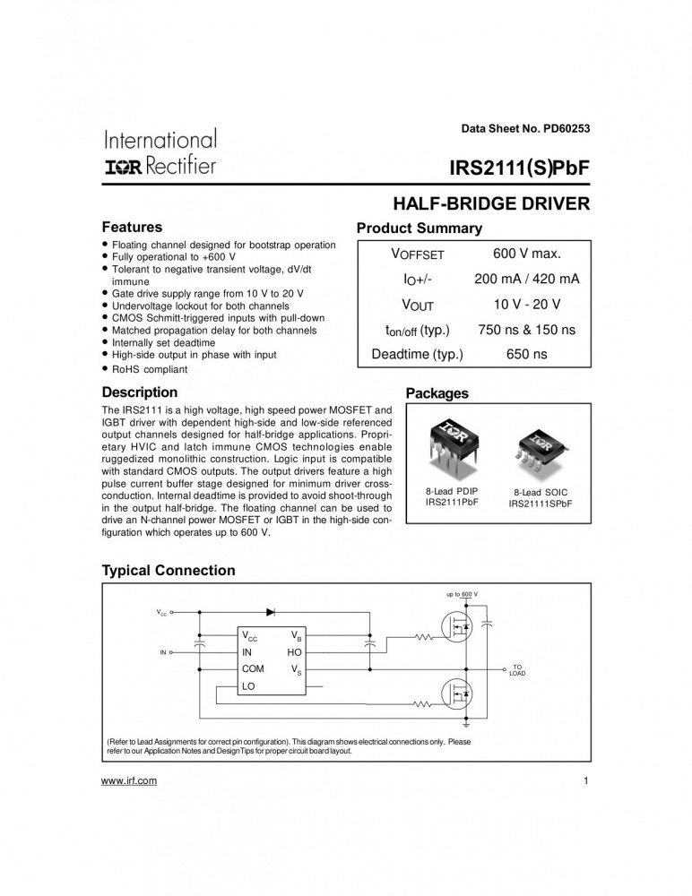 IRS2111SPBF datasheet page 1