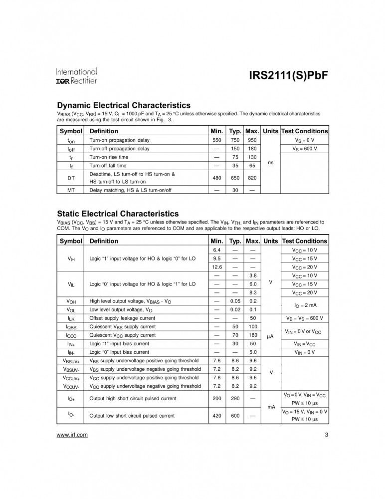 IRS2111SPBF datasheet page 3
