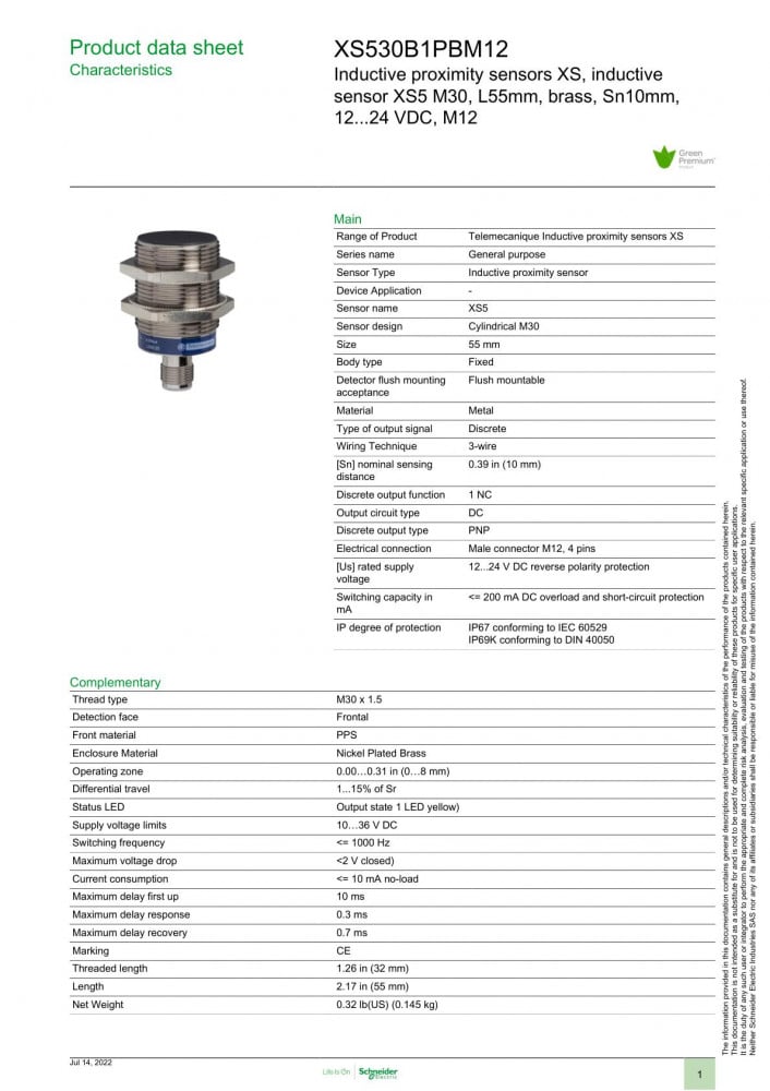 XS530B1PBM12 technical document page 1