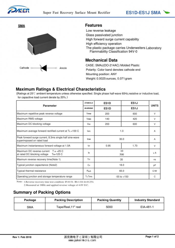 PAKER ES1D datasheet page 1