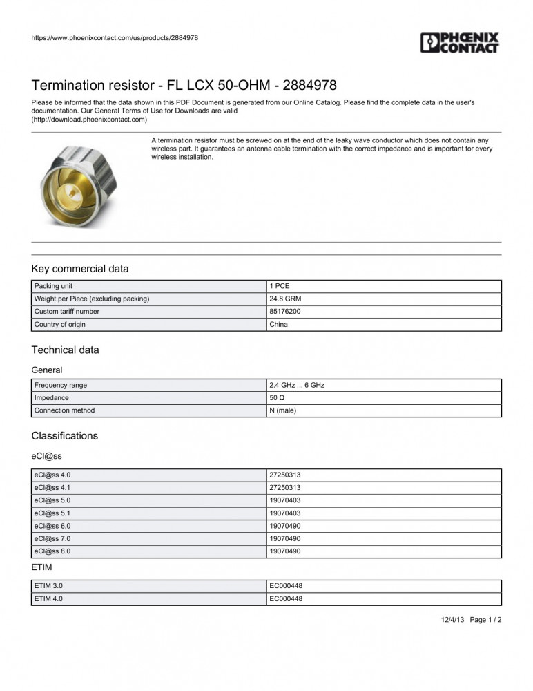 Phoenix Contact 2884978 product document page 1