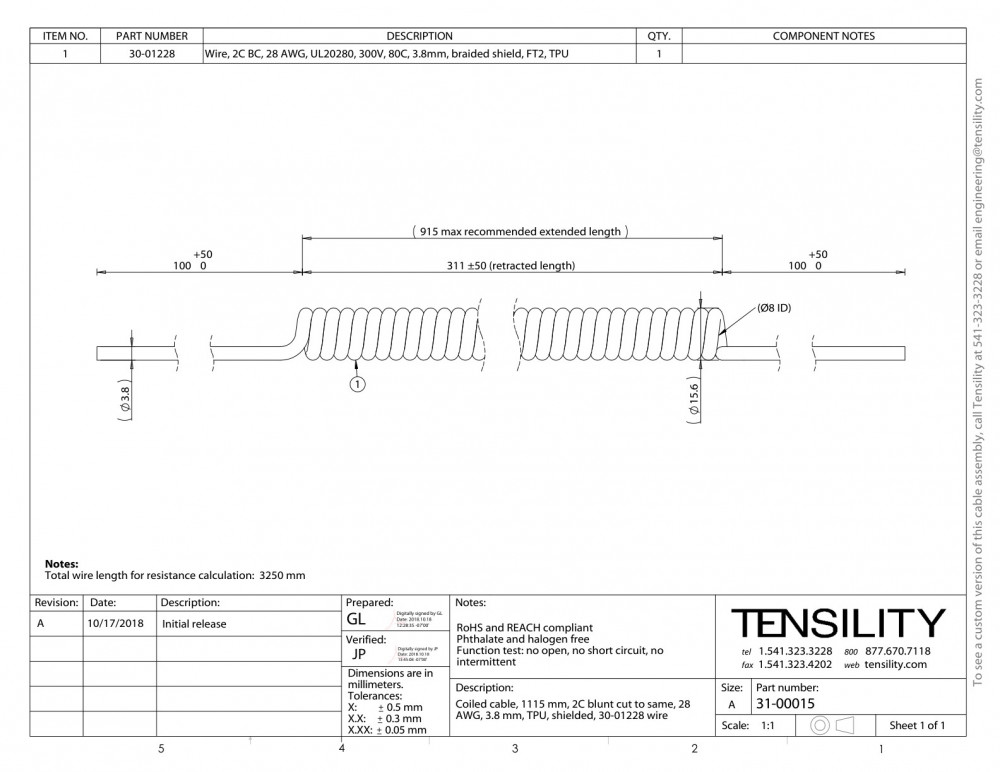 Tensility cable assembly drawing associated with product 31-00015