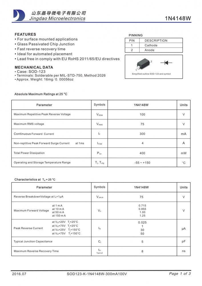 1N4148W datasheet page 1