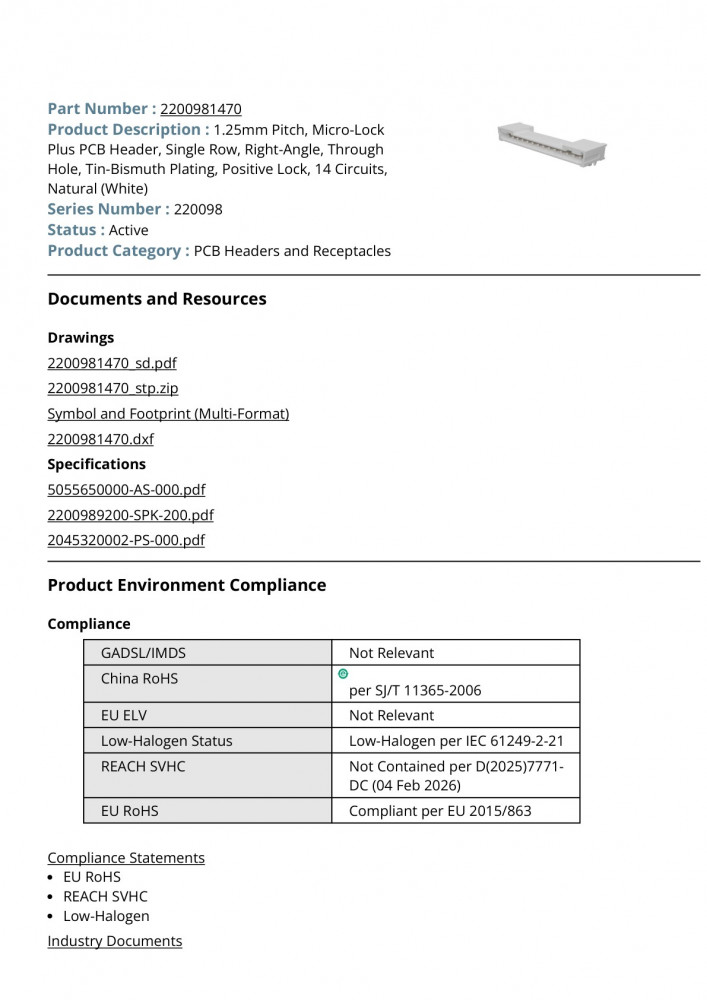 Technical document page 1 for MOLEX 2200981470