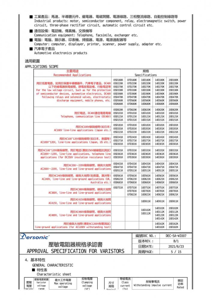 Dersonic varistor document page 5
