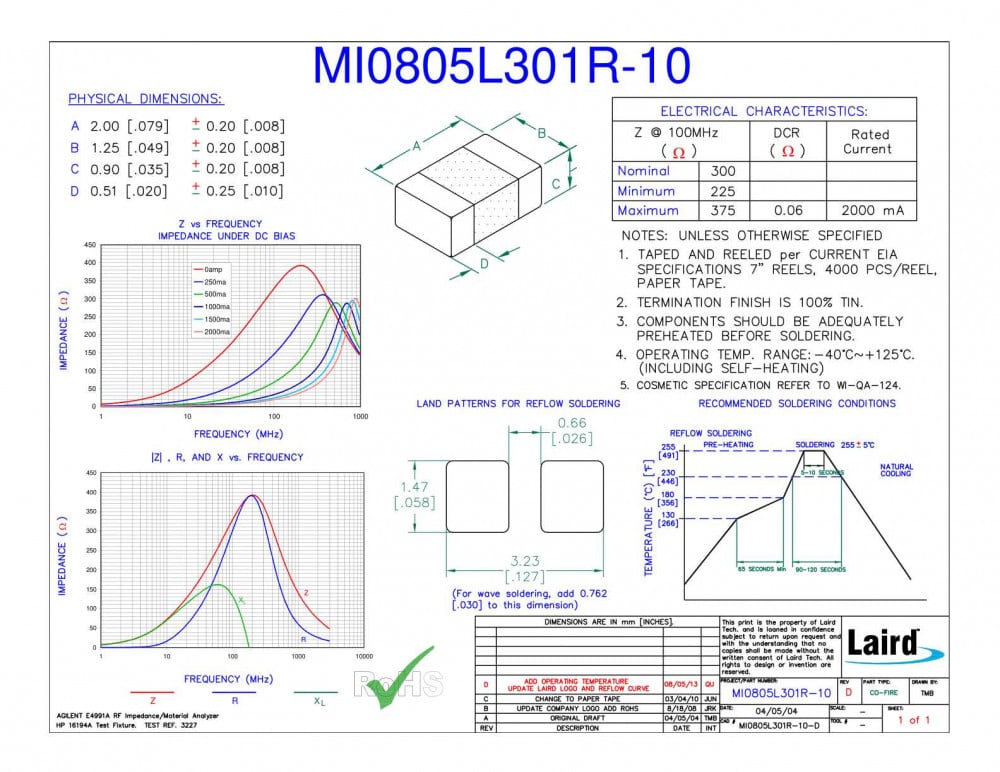 Laird MI0805L301R-10 technical drawing preview