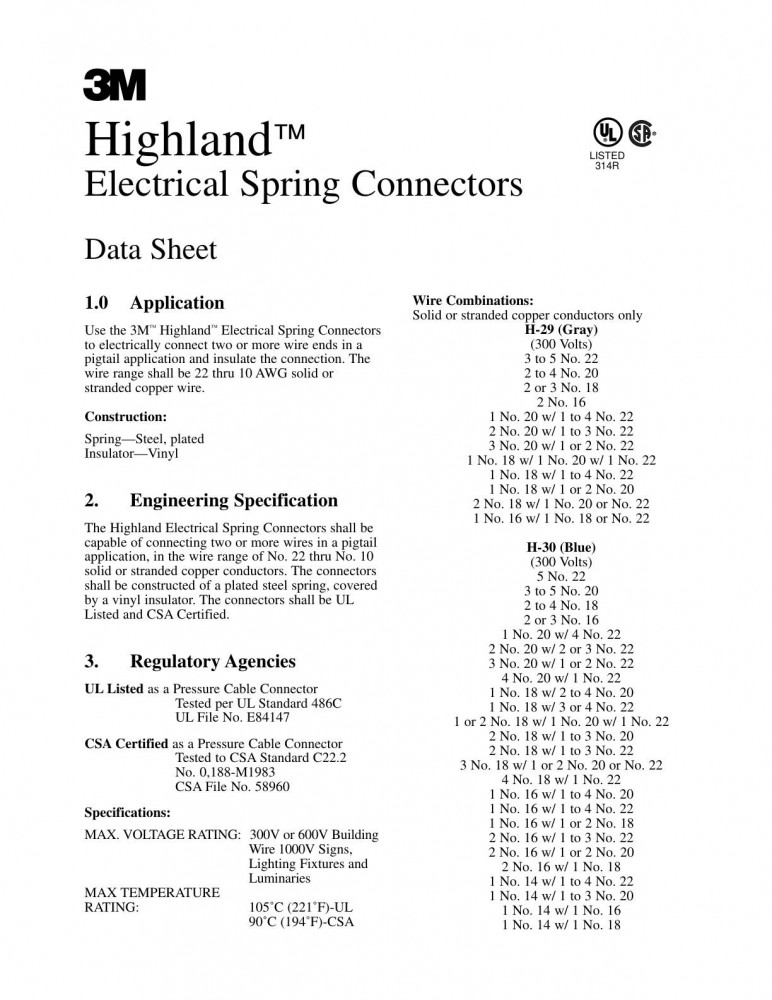 3M Highland Electrical Spring Connectors datasheet page 1