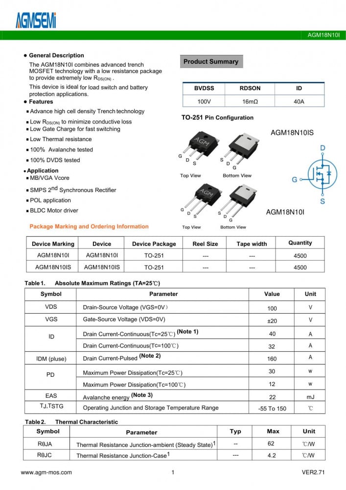 AGM18N10I datasheet page 1