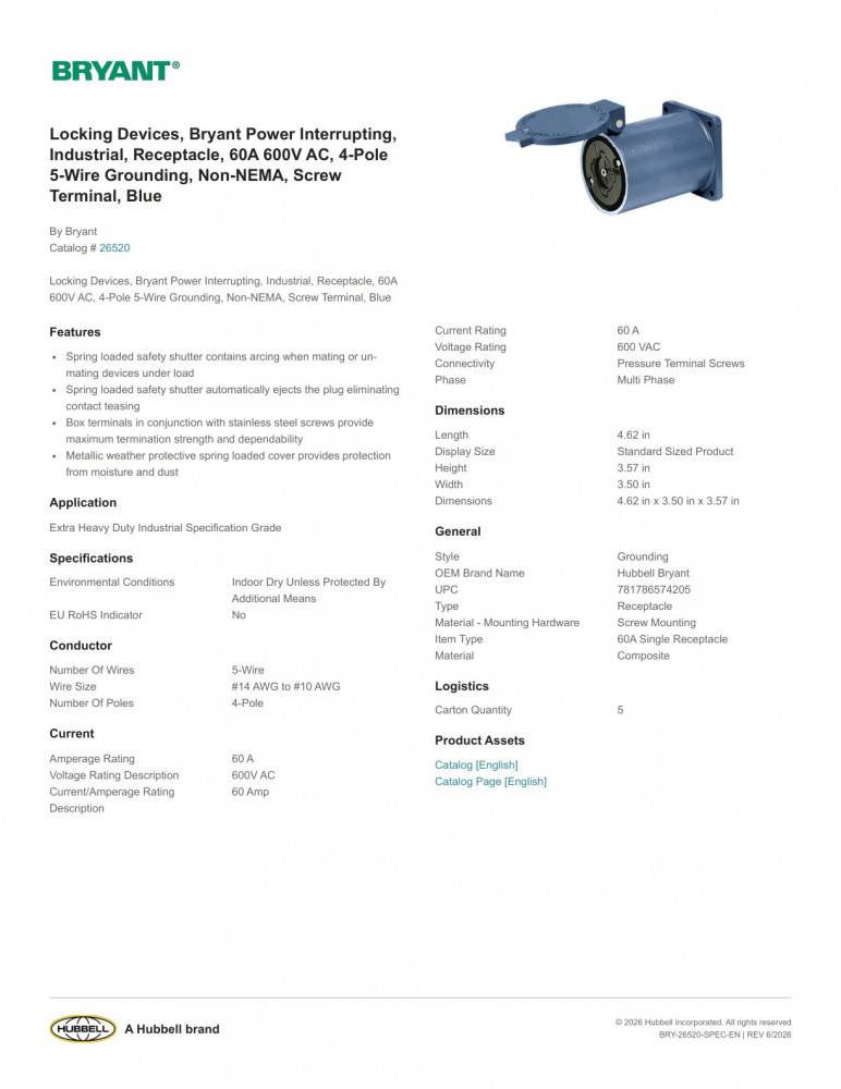 Technical document image for industrial receptacle model 26520