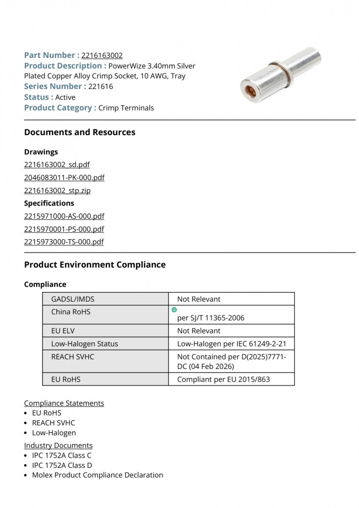 MOLEX 2216163002 product document preview, page 1