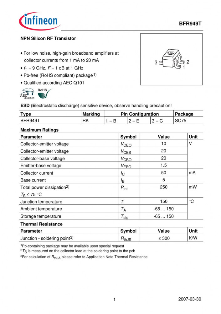 BFR949TE6327 datasheet page 1