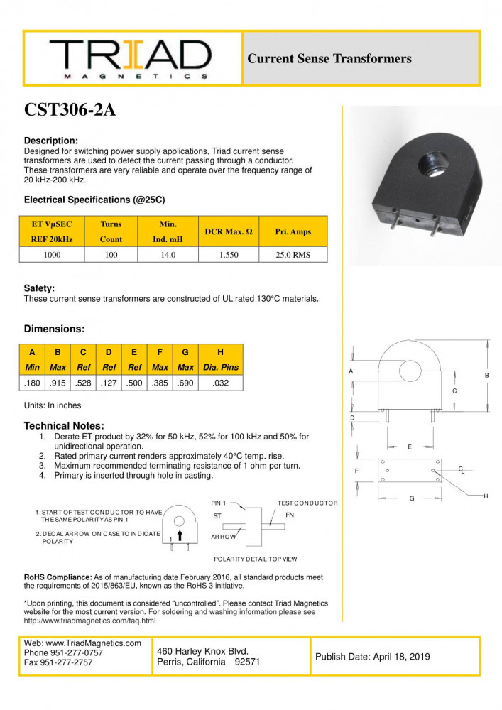 CST306-2A product technical document page