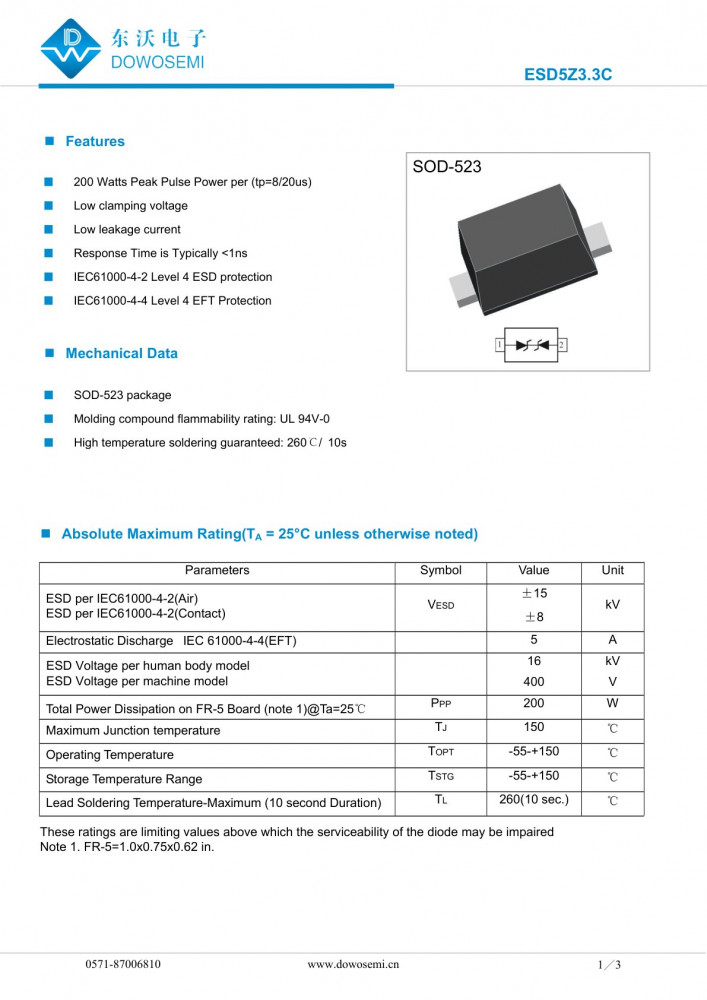 ESD5Z3.3C datasheet page 1