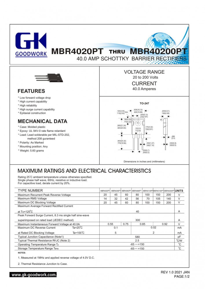 GOODWORK MBR40100PT datasheet page 1