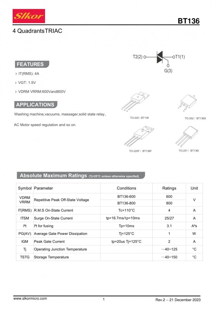 BT136S-800E datasheet page 1