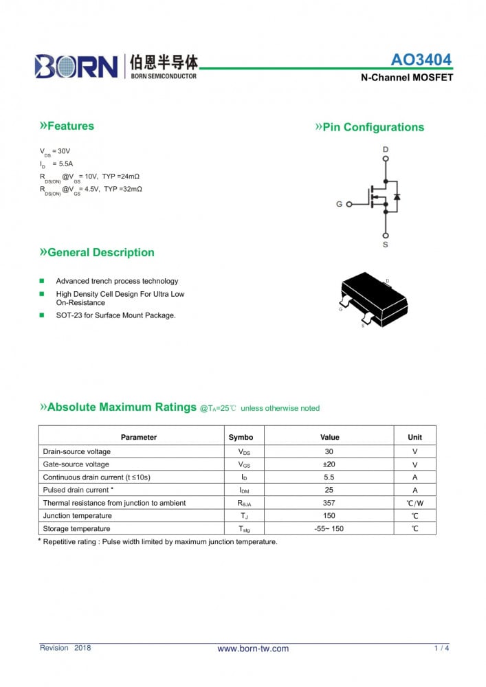 AO3404 datasheet page 1