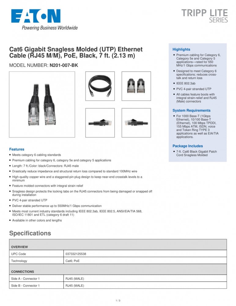 EATON N201-007-BK technical document page 1