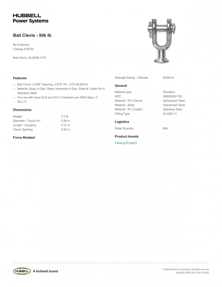 BC50 ball clevis product document preview