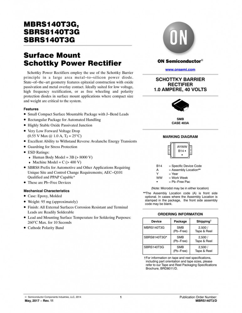 MBRS140T3G datasheet page 1