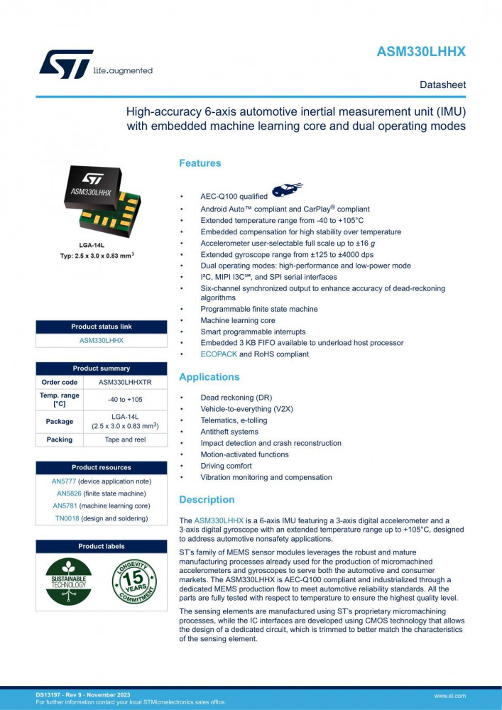 ASM330LHHX technical document page 1