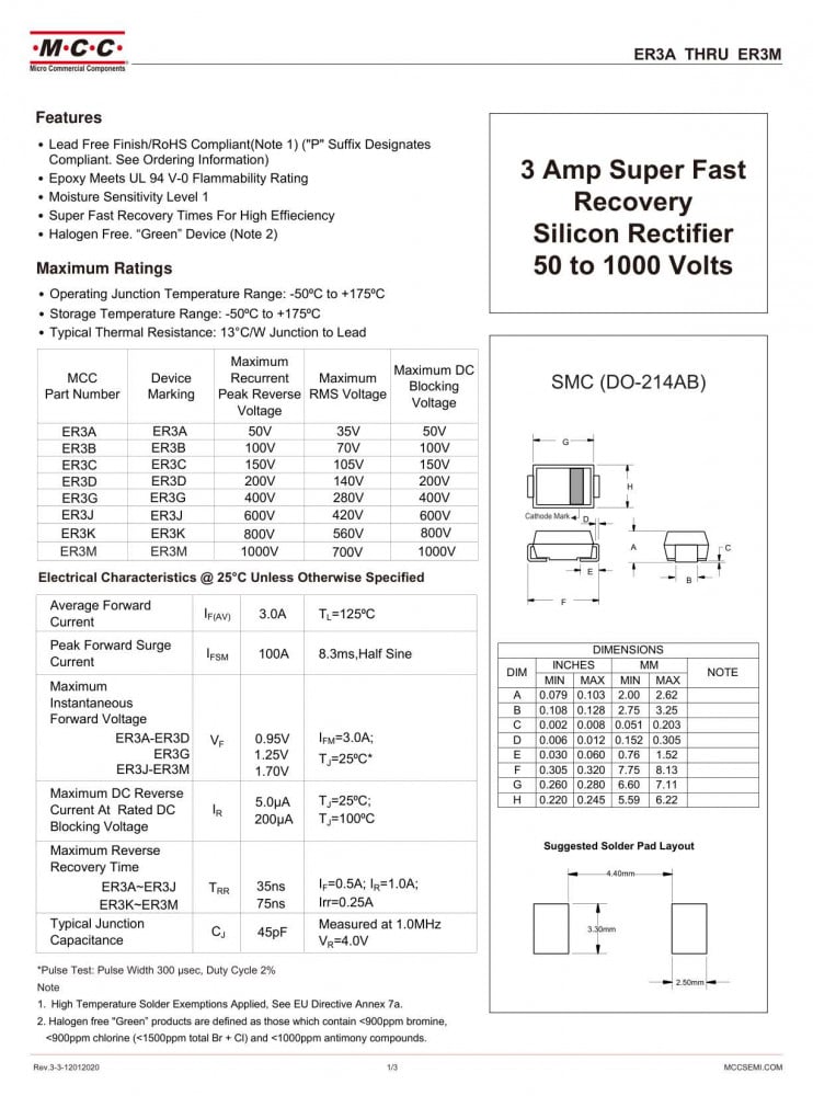 MCC ER3G-TP datasheet page 1