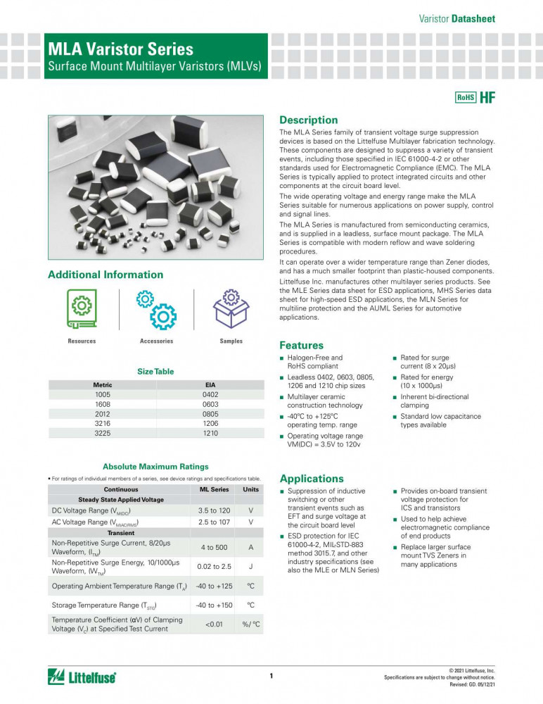 Littelfuse MLA datasheet page 1
