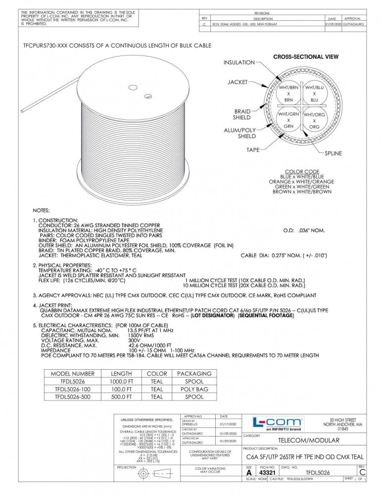 TFDL5026-500 technical drawing and specification sheet