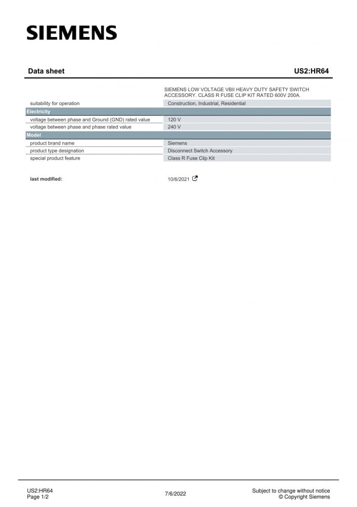 SIEMENS HR64 technical document page 1