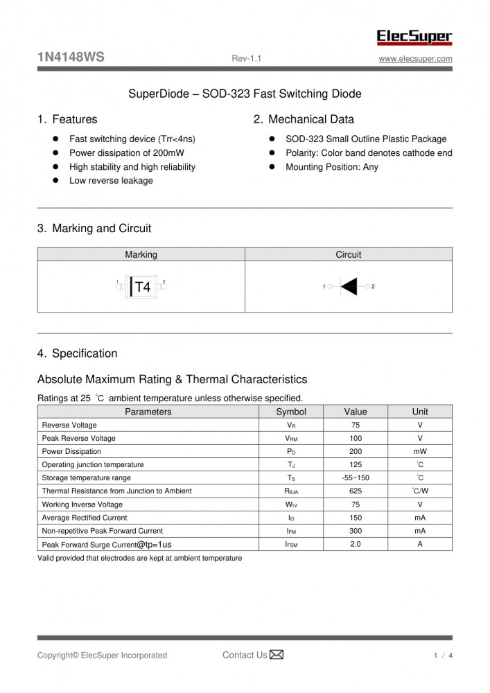 1N4148WS technical document page 1