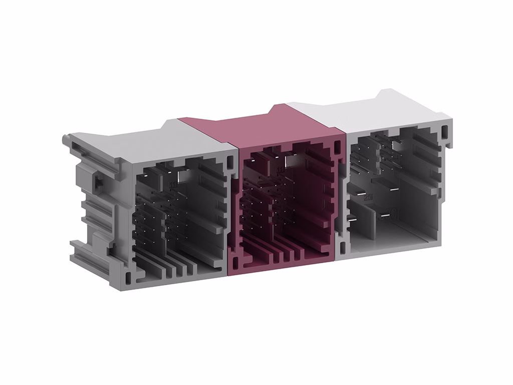 stAK50h 3 Bay Vertical Hybrid Header, 87 Circuits, Bay 1: 32 Circuits/Key 4/Purple; Bay 2: 28 Circuits/Key 1/Dark Gray; Bay 3: 27 Circuits/Key 1/Black; Tube