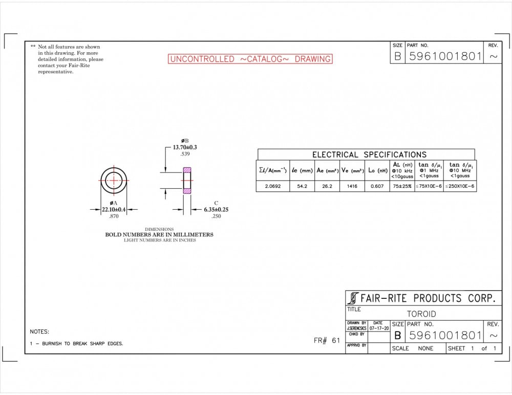 Fair-Rite 5961001801 technical document page