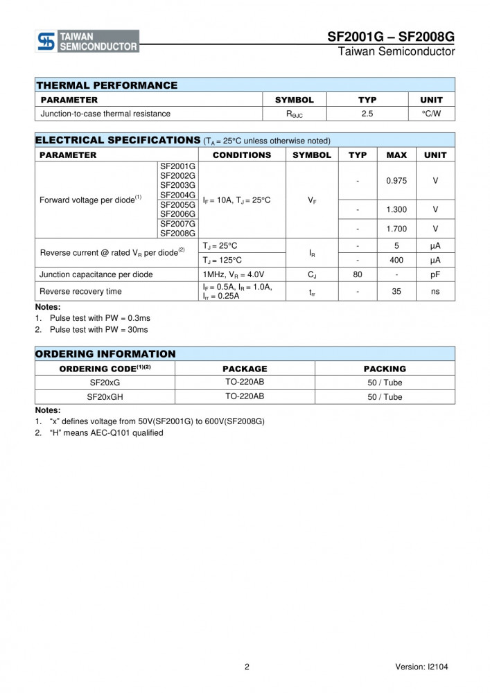 SF2008G datasheet page 2