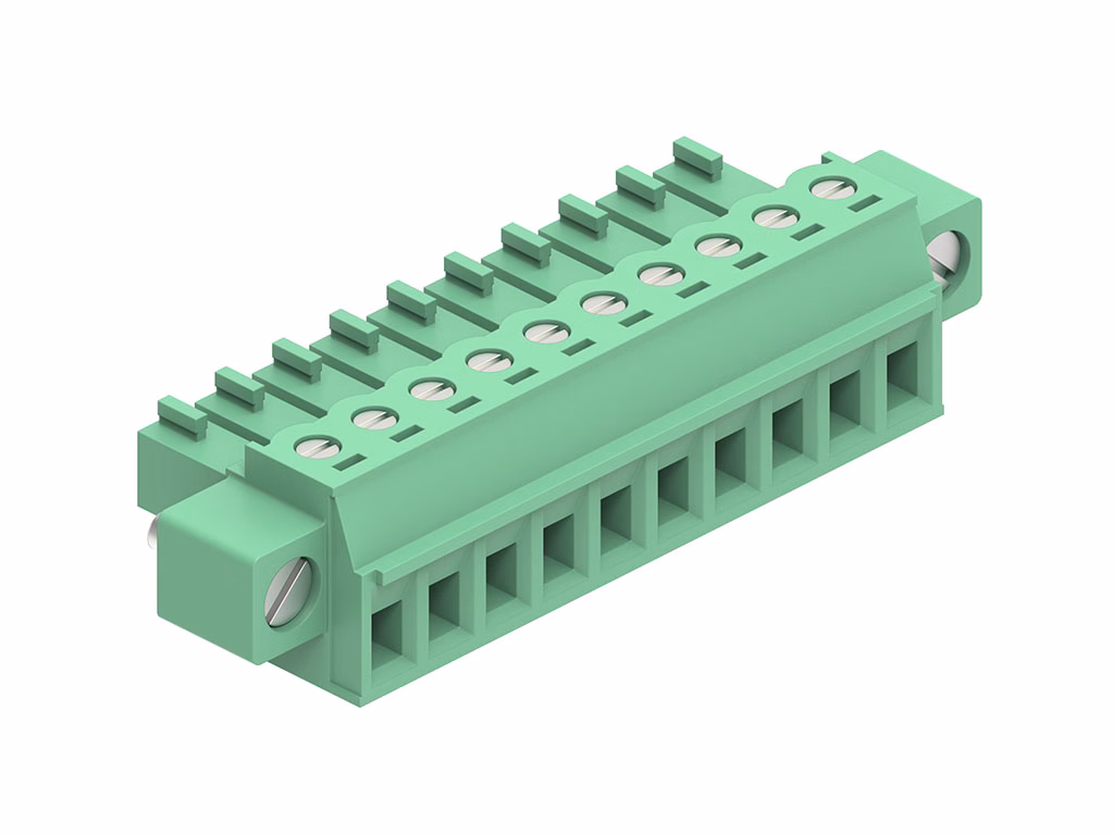 3.81mm Pitch Eurostyle Horizontal Plug, with Retention Screws, Green Housing, 18 Circuits
