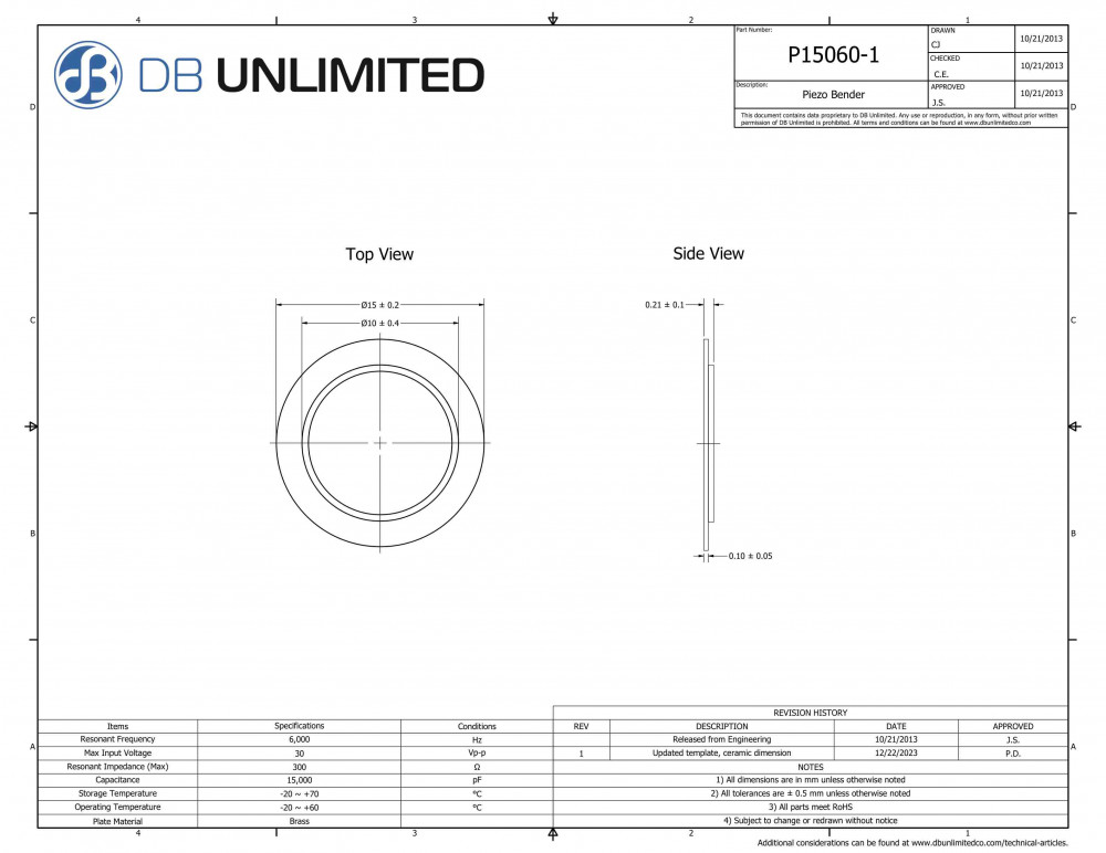 P15060-1 piezo bender product drawing and specification sheet