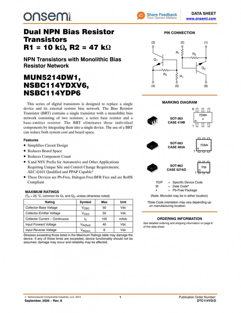 MUN5214DW1T1G datasheet page 1