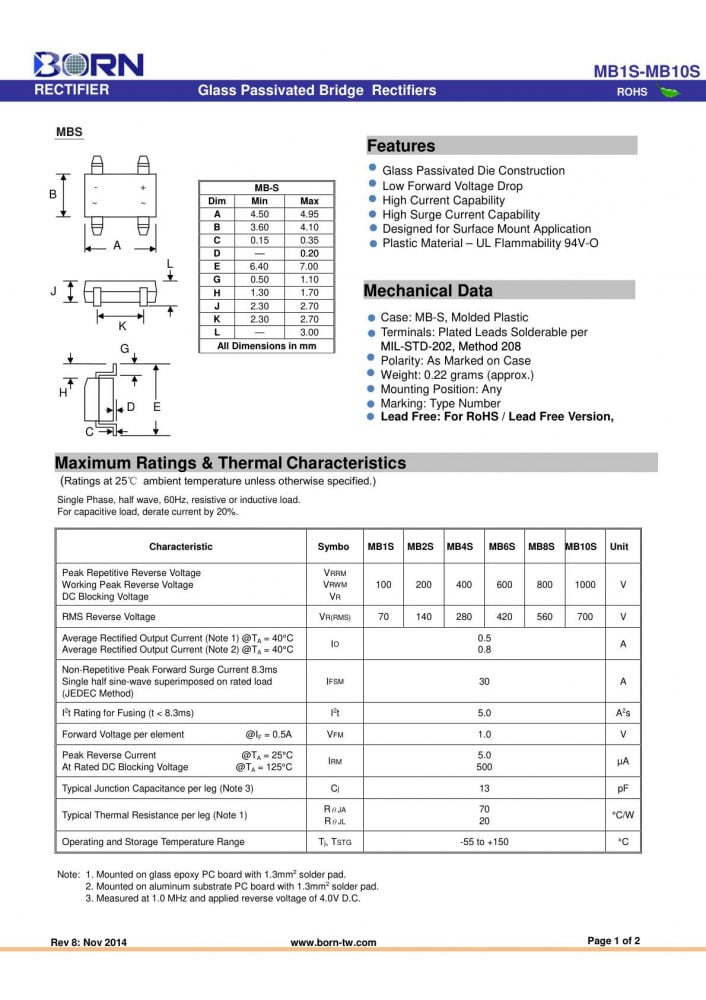 BORN MB10S datasheet page 1