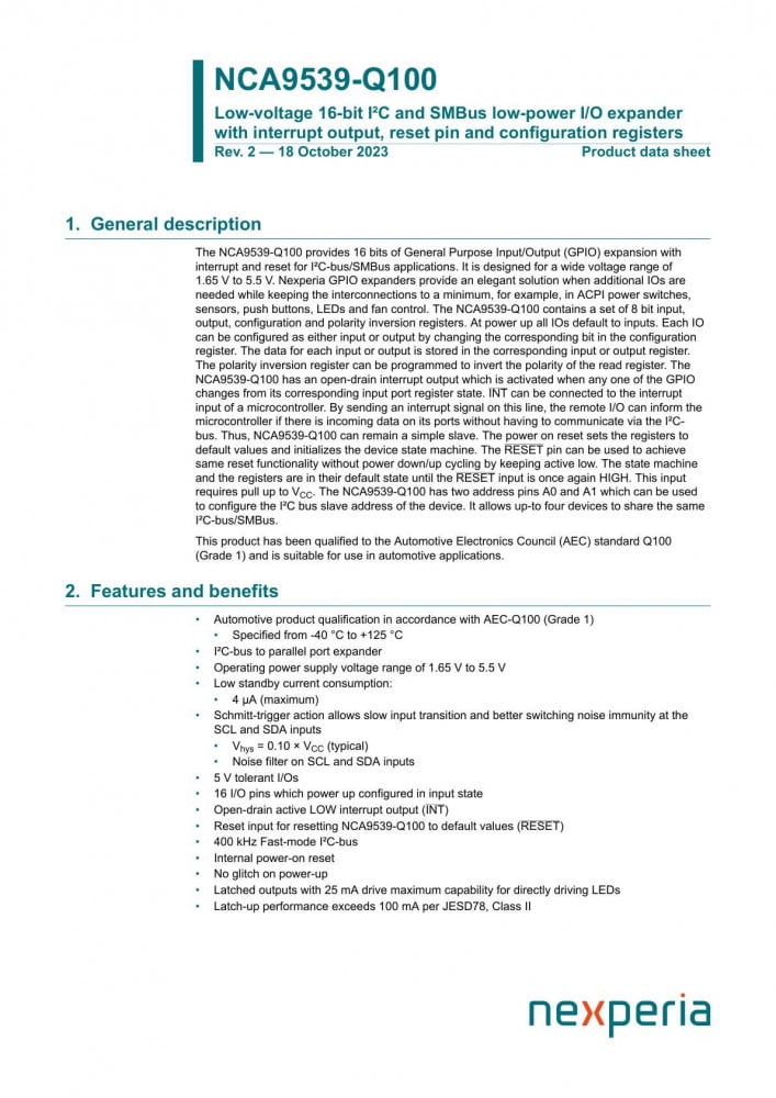 NCA9539-Q100 datasheet page 1