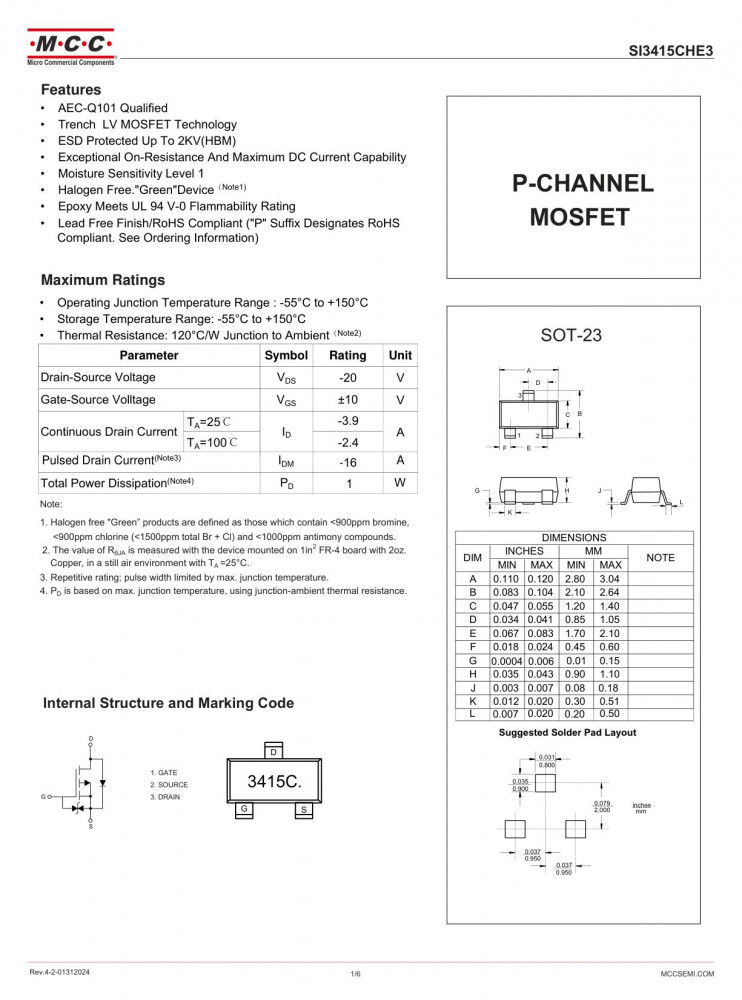 SI3415CHE3-TP datasheet page 1