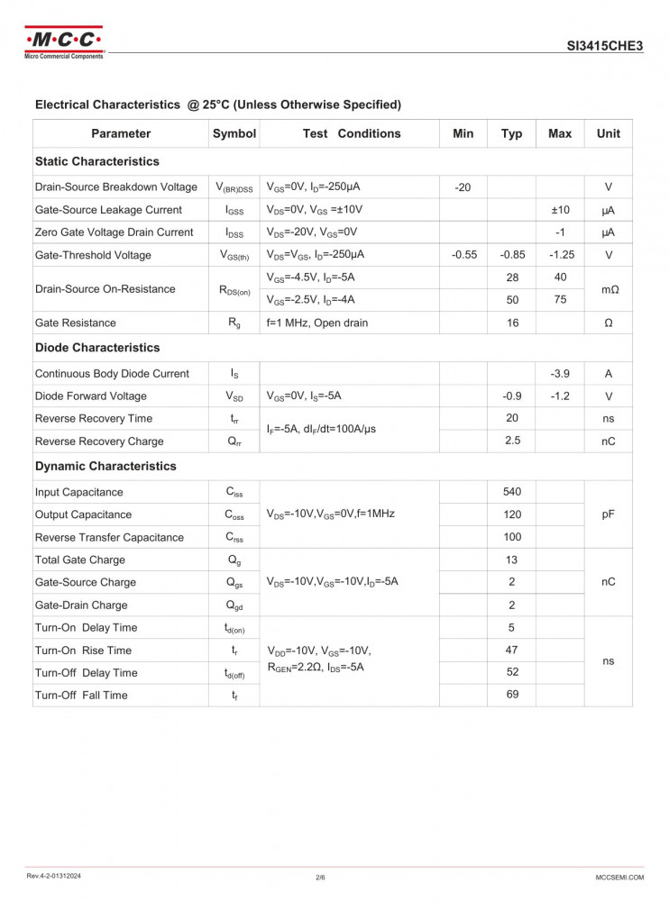 SI3415CHE3-TP datasheet page 2