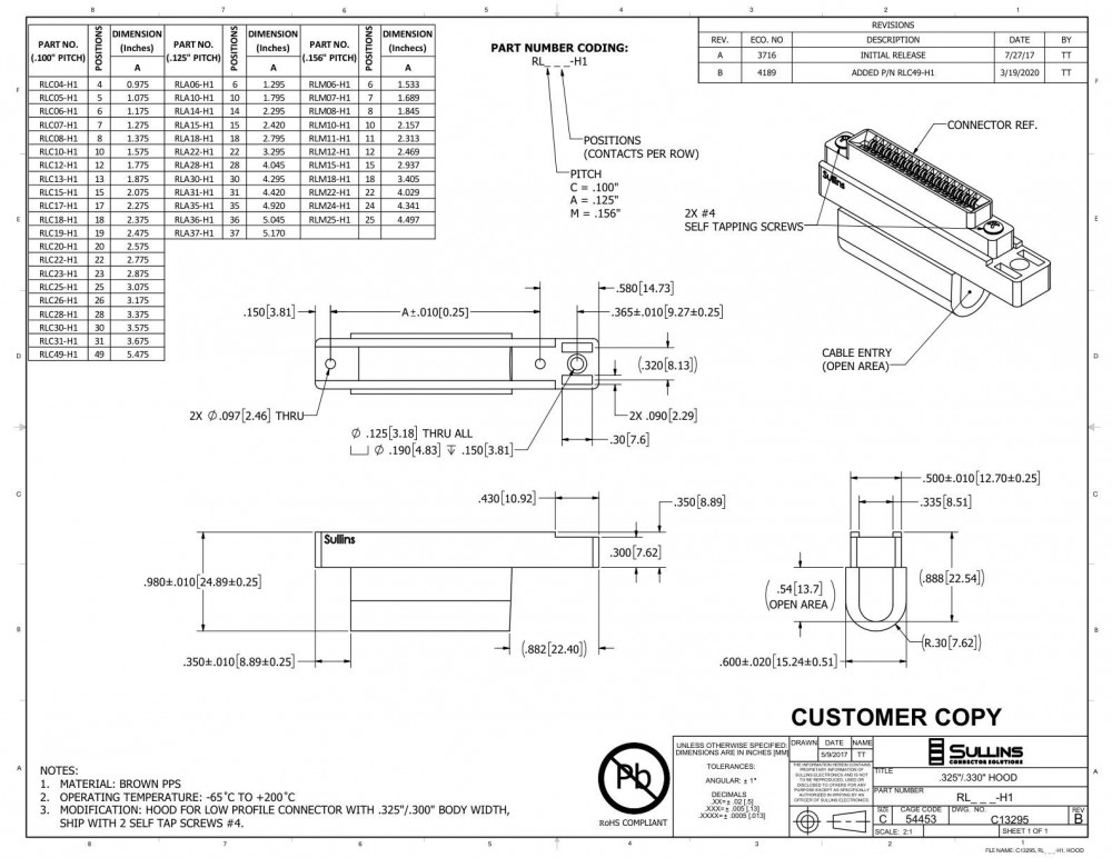 Sullins RLM series hood technical drawing preview
