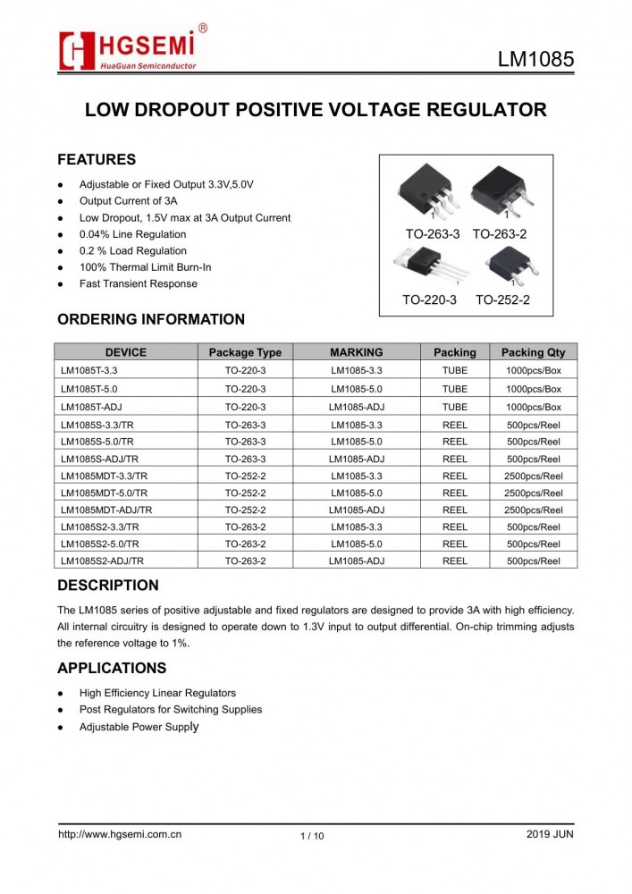 HGSEMI LM1085 datasheet page 1