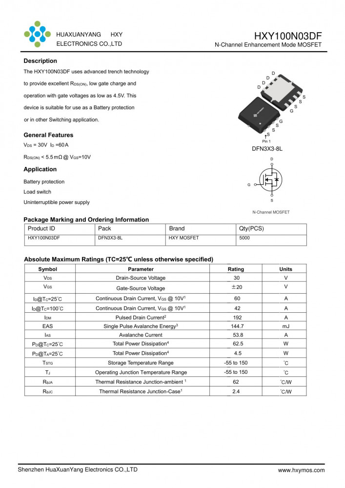 HXY100N03DF datasheet page 1