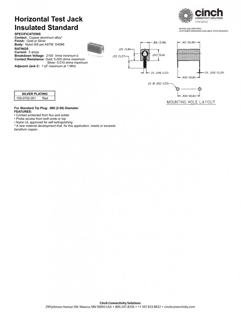 Bel Fuse 105-0752-001 horizontal test jack document preview
