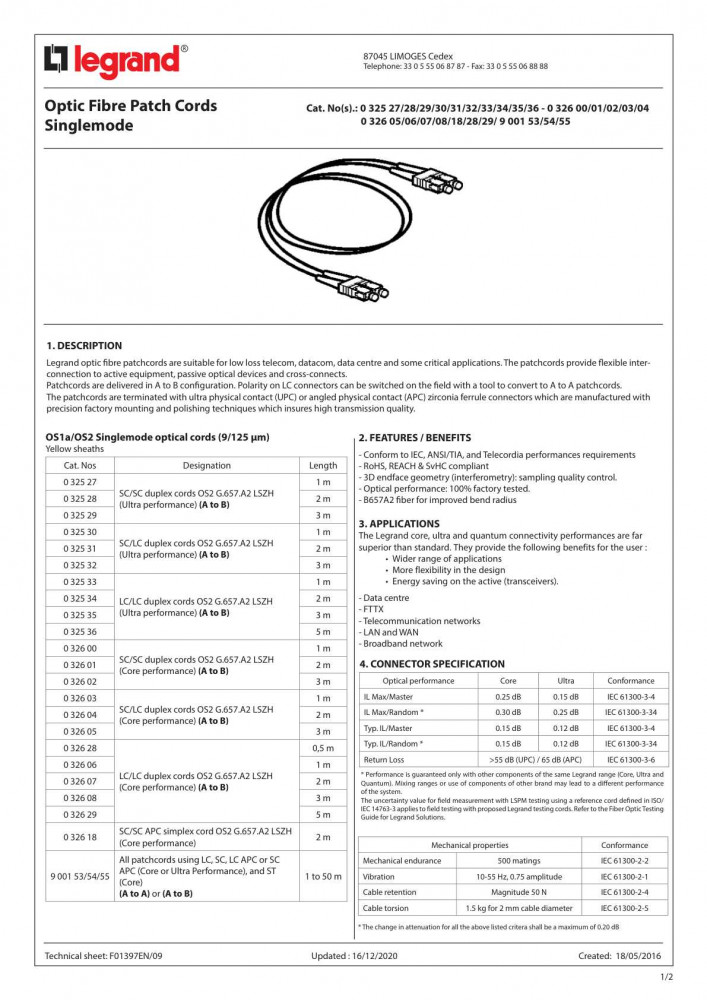 Legrand singlemode optical fibre patch cord technical document, page 1