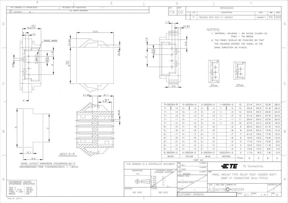 TE Connectivity 292254-7 controlled drawing preview
