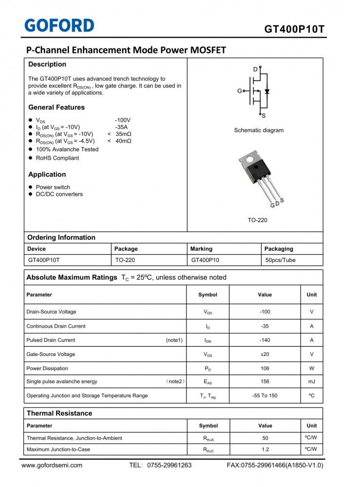 GT400P10T datasheet page 1