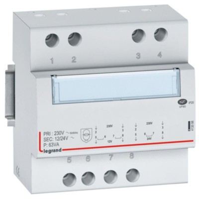 Safety transformer - 230V / 12V or 24V - 63VA - Short-circuit and overload protected - Modular 5-width rail or surface mounting for sale